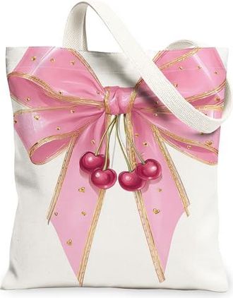 Generic Sacs fourre-tout en toile motif cerises avec noeud - R&eacute;utilisables - L&eacute;gers et lavables - Motif floral printanier, p&ecirc;che, 13x15 Inch