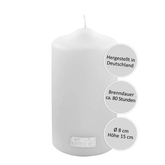 Fink wei&szlig;e Kerzen - Tisch Dekoration Kommunion Firmung Hochzeit Geburtstag - ru&szlig;arm - lange Brenndauer ca 80 Stunden - H&ouml;he 15 D 8 cm