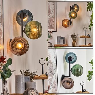 HOFSTEIN Wandleuchte Koyoto, Wandlampe aus Metall/Riffelglas in Schwarz/Blau/Grün/Kupfer, Leuchte im Retro/Vintage-Design (Schirme Ø 15 cm), E14, Wohnzimmer, S