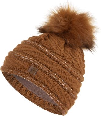 Faera Winterm&uuml;tze M&uuml;tze Damen warm gef&uuml;ttert mit Pailletten Kunstfell Bommel-M&uuml;tze Fleecefutter Winter Herbst Strickm&uuml;tze Beanie M&auml;dchen 62, Farbe:Braun