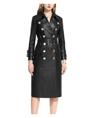 Generic Trench-coat en cuir pour femme - Manteau dhiver long &agrave; double boutonnage ceintur&eacute; mi-long en peau de mouton, Noir, L