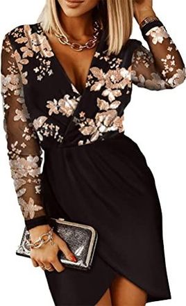 Onsoyours Robe De Soirée Femme Élégante Col en V Manches Longues Moulante Sexy Robe De Cocktail Courte en Tulle Paillettes Mini Dress B Noir L