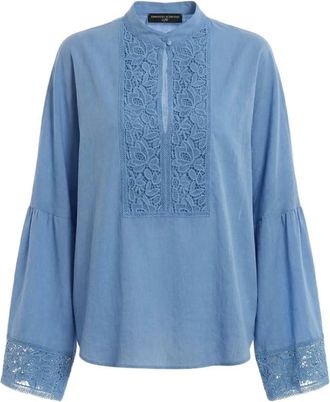 Ermanno Scervino Femme, Blouses et Chemises, Bleu, Taille: 44 FR Blouse &agrave; Manches &Eacute;vas&eacute;es et Panneaux de Dentelle