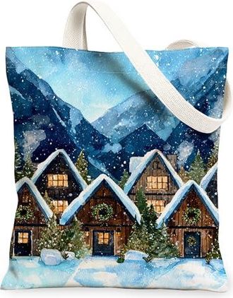 Generic Sacs fourre-tout en toile pour cabine dhiver, motif maison rustique, sacs dépicerie réutilisables, sacs dépicerie vintage, légers et lavables, bleu, 1