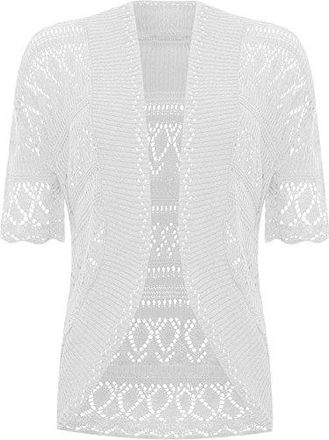 WearAll Femmes Grande Taille Tricoté Crochet Court Manche Haut Haussement DÉpaules Dames Ouvert Cardigan - Blanc - 52-54