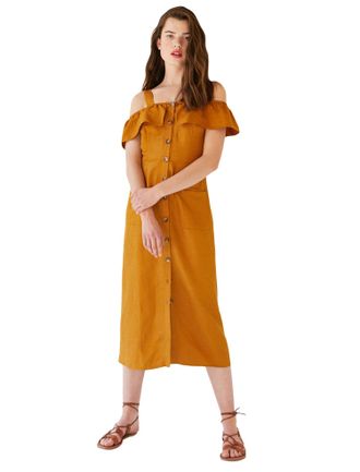 Koton Damen Kleid Mit Durchgehender Knopfleiste Und Aufgesetzten Taschen Partykleid, Braun (Ocker 503), (Herstellergr&ouml;&szlig;e: 42)