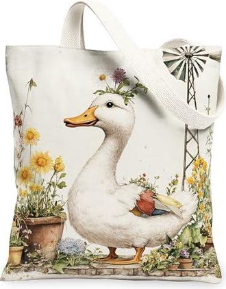 Generic Sac fourre-tout en toile de volaille de canard printanier pour faire du shopping, 33 x 38,1 cm, sac d&eacute;picerie r&eacute;utilisable pour femme, ferme, fleurs s