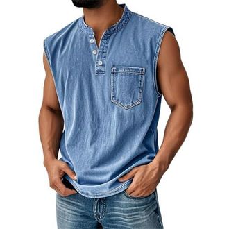 Generic T-shirt Henley vintage respirant sans manches pour homme, coupe d&eacute;contract&eacute;e, uni, boutonn&eacute;, col en V, surdimensionn&eacute;, bleu, XXL