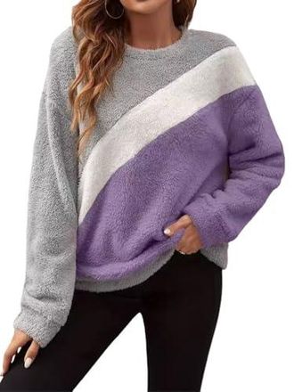 ORANDESIGNE Sweatshirts Polaire Femme Hiver Pull Peluche Chaud Sweat sans Capuche Sweat-Shirt Col Rond Haut de Pyjama A Violet L
