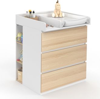 IDMarket Wickelkommode, erweiterbar, bernsteinfarben in Buche-Optik und Wei&szlig;, 3 Schubladen, Wickeltisch und 2 herausnehmbare Einlegeb&ouml;den