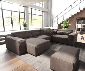 DELIFE Wohnlandschaft Sirpio 300x210 cm Mikrofaser Khakibraun Recamiere variabel mit Hocker, Wohnlandschaften