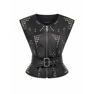John Richmond Top mit dekorativen Nieten und Frontg&uuml;rtel - - Tops - Damen - Schwarzk - XS