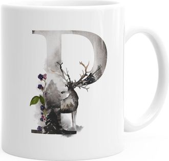 Autiga Buchstaben-Tasse P Tasse mit Buchstabe Alphabet Monogramm Watercolor gezeichnet Kaffeetasse wei&szlig; unisize
