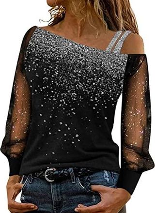 Onsoyours Chemisier Femmes Blouse en Tulle À Manches Longues Transparentes T-Shirt Mode Chic Épaules Dénudées Haut Tops Pullover Couleur Unie Shirt Tunique C Gr