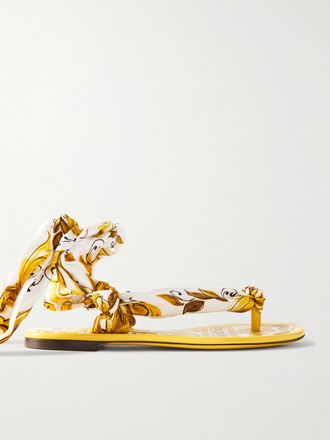 Dolce & Gabbana Maiolica Capri Scarf Sandalen Aus Twill Mit Lederbes&auml;tzen Und Blumenprint - Gelb