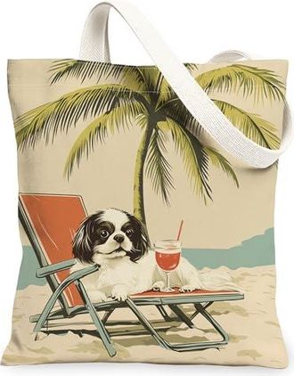 Generic Sac fourre-tout amusant en toile avec menton japonais pour faire du shopping, 33 x 38,1 cm, sac &agrave; bandouli&egrave;re r&eacute;utilisable pour femme, peinture danima