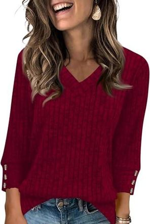 Generic Pull &agrave; Col en V et Manches 3/4 Chic pour Femme - Haut Tricot&eacute; Doux et D&eacute;contract&eacute; Chaud Pas Cher Couleur Unie Automne Hiver Taille 36 38 40 42 44,Vin 