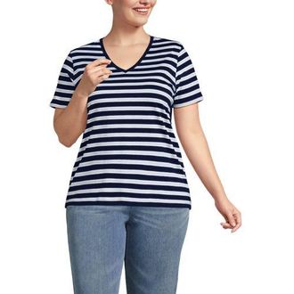 Lands End Supima Kurzarm-Shirt mit V-Ausschnitt, Damen, Gr&ouml;&szlig;e:56-58 plus, Blau, Baumwolle, by Lands End