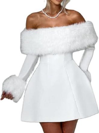 Generic Mini robe pull &agrave; &eacute;paules d&eacute;nud&eacute;es pour femme, manches longues, en polaire, robe courte moulante pour femme, blanc, L