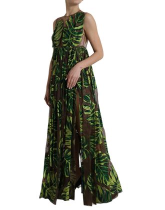 Dolce & Gabbana Womens Green Banana Leaf Sleeveless Long Maxi Dress Silk Nylon