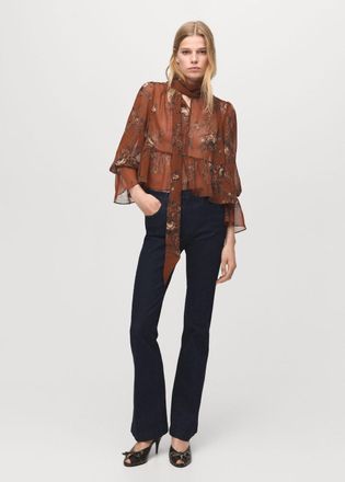 Mango Bluse mit floralem Print und Schleife rotbraun - Damen - S - MANGO