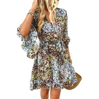 Generic Robe trap&egrave;ze &eacute;l&eacute;gante &agrave; col en V pour femme, manches courtes, motif floral, col en V, robe midi d&eacute;t&eacute;, l&eacute;opard, XL