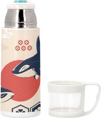 Fabulous Thermoskanne aus Edelstahl mit integrierter Tasse - Orca Motiv Japanische Geometrie Tierform - 350 ml - Thermosflasche