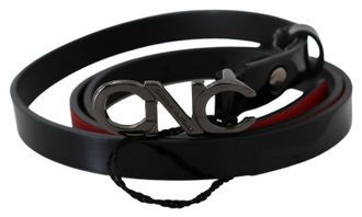 Costume National Womens Black Skinny Leather Logo Buckle Belt