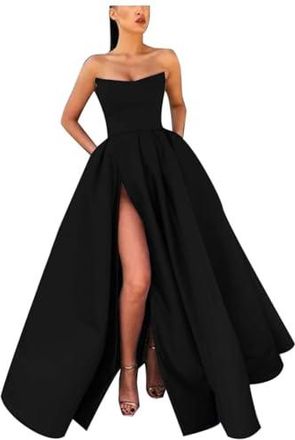 Generic Robe De Soirée Longue pour Mariage - Robe De Soirée Sexy sans Bretelles pour Femmes, Couleur Unie, Fente Longue, Fermeture Éclair, Coussinet De Poitri