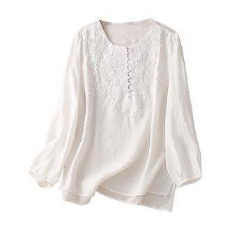 Generic Haut &agrave; manches longues d&eacute;contract&eacute; en coton et lin avec broderie florale vintage pour femme - Chemises chinoises d&eacute;t&eacute; boh&egrave;me confortables, blanc, XXL