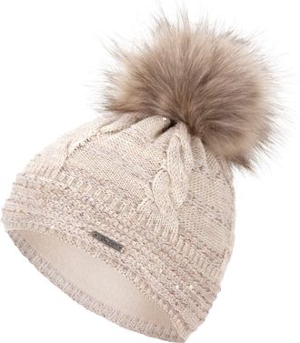 Faera Winterm&uuml;tze M&uuml;tze Damen Pailletten warm gef&uuml;ttert Bommelm&uuml;tze Fleecefutter Winter M&auml;dchen Weihnachten Strickm&uuml;tze Beanie, Farbe:Beige