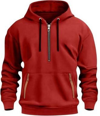 Generic DENGJIAMY Sweat à capuche semi-zippé pour homme, chemise classique unie, manches longues, pull décontracté, sweat à capuche tendance avec poche, Rouge