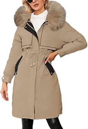 Onsoyours Femme Hiver Mi-Long Doudoune avec Col de Fourrure Veste Parka Manteau Doublé Outwear Trench Chaud Épais Jacket Zippé Manche Longue Poches Outwear B Br