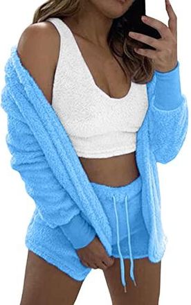 Generic Ensemble de vêtements de détente 3 pièces pour femme - Ensemble de pyjama en polaire chaude - Cardigan à manches longues et short à cordon de serrage 