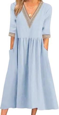 Generic Robe mi-Longue Fleurie pour Femme, Manches 3/4, en Lin, Fluide, Ample, décontractée, en Dentelle, Style bohème, avec Poches