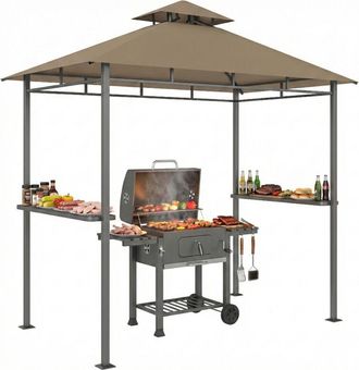 OUTSUNNY Abri barbecue ext&eacute;rieur - Outsunny - double toit, 2 &eacute;tag&egrave;res lat&eacute;rales - cadre en m&eacute;tal - 245x146x255cm - marron