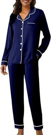 Generic Pyjama pour femme avec col en V et boutons sur le devant, v&ecirc;tements de nuit doux et extensibles avec pantalon &agrave; taille &eacute;lastique, v&ecirc;tements de nuit co