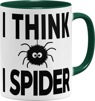 OM3 I Think I Spider Kaffee-Tasse mit Spruch - lustige Spruchtasse im Denglisch Stil - Ich glaub ich spinne - Keramik Becher - 325ml - Beidseitig Bedruckt