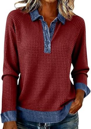 Generic Sweatshirts en denim patchwork pour femme - Col &agrave; revers - Sweat boutonn&eacute; - Chemise en jean - Tricot gaufr&eacute; - Pull &agrave; manches longues - Polo &agrave; manches 