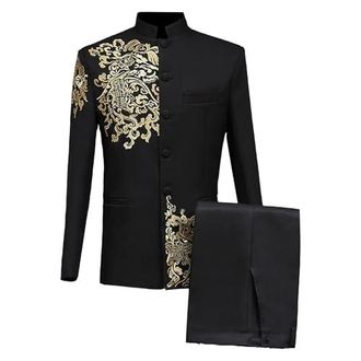 Generic Ensemble 2 pi&egrave;ces tunique chinoise brod&eacute;e &agrave; simple boutonnage col mandarin blazer coupe ajust&eacute;e pour homme, Noir, XL
