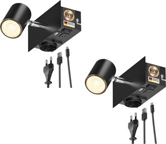 LEDs Com 2 St&uuml;ck Wandspot WAIKA, 1-flammig, schwarz, Steckdose, USB-C, USB-A, inkl. LED GU10 Lampe, 1103lm, 33&deg;, warmwei&szlig;