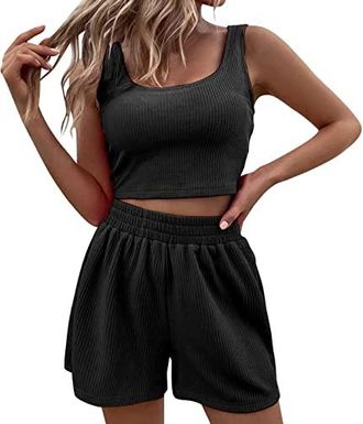 Generic Ensemble Femme Chic et Elegant,Deux pi&egrave;ces Tenues &eacute;t&eacute; Shorts Ensembles 2 pi&egrave;ces sans Manches Correspondant Haut Court et Taille Haute Shorts pour Harn