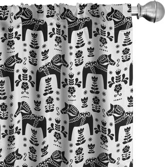 Abakuhaus nordisch Vorhänge, Gardinen, Schwede Dala Pferde, Fensterbehandlungen für Wohnzimmer Schlafzimmer Dekor, 2 Stück 75 cm b x 225 cm h, Schwarz und weiß
