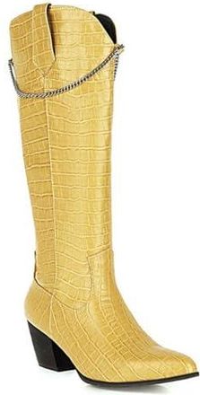 Generic Bottes d&eacute;quitation &agrave; bout pointu et talon &eacute;pais pour femme avec cha&icirc;ne d&eacute;corative, chaussures de cowgirl occidentales &agrave; enfiler, jaune, 37.5 EU