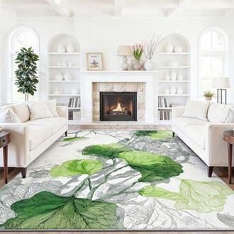 Generic Moderne Antid&eacute;rapant Tapis Blanc Vert - Doux R&eacute;sistant Lavable en Machine Tapis &agrave; Motif Style Chinois Plante Feuille Peinture Poil Ras Moquette pour S