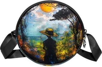 Generic Sac &agrave; bandouli&egrave;re Circle pour femme, motif lever de soleil, peinture &agrave; lhuile, petit sac &agrave; bandouli&egrave;re avec fermeture &eacute;clair, bretelles r&eacute;glables, sac