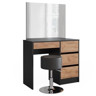 Vicco Coiffeuse Sherry, Anthracite/ch&ecirc;ne dor&eacute;, 90x75cm avec miroir & tabouret