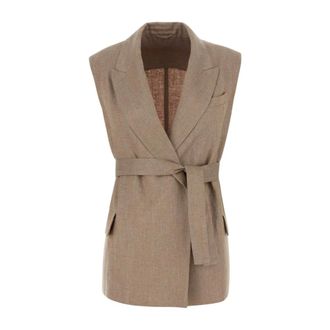 Brunello Cucinelli Femme, Vestes, Beige, Taille: 34 FR Veste sans manches ceintur&eacute;e en twill de lin scintillant