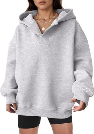Generic Sweat &agrave; capuche surdimensionn&eacute; &agrave; col en V pour femme - Pull en polaire &agrave; manches longues - V&ecirc;tements Y2K - Tenue tendance automne 2025, gris clair, XX