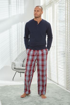 H.I.S Pyjama H.I.S, Herren, Gr. 60/62 (XXL), bunt (marine, bordeaux), Jersey, Obermaterial: 100% Baumwolle, kariert, unifarben, Basic, bequem lang, Rundhals